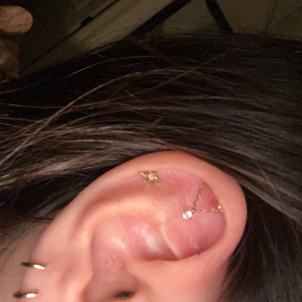14K Solid Gold Comet Tragus Piercing/ Dainty White Stone Piercing/flat Back Helix Piercing/16g ...