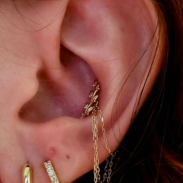 14K Solid Gold Vertical Helix Piercing/hidden Rook Dangle Earring ...