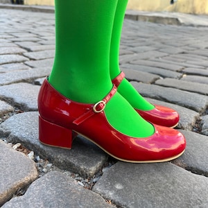 Red Mary Janes Patent Mary Janes Mid Heel Red Strap Shoes Round Toe ...
