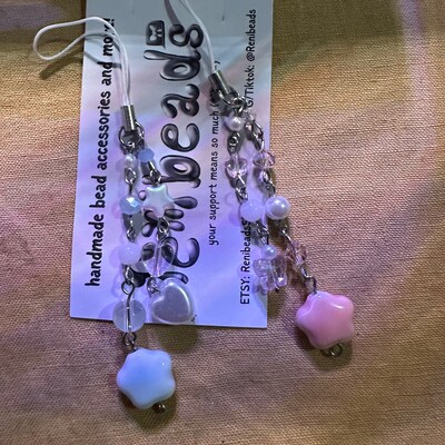 Pink Phone Charm Cute Beaded Keychain, Pink Phone Straps, Y2k Star ...