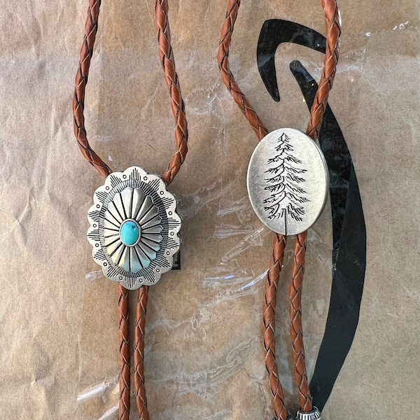 Engraved Tree Bolo Tie: Pine Forest Moon, Leather Cowboy Necktie ...