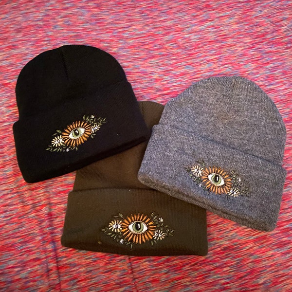 Floral Evil Eye Beanie - Embroidered Beanie - Boho Beanie - Winter Hat ...