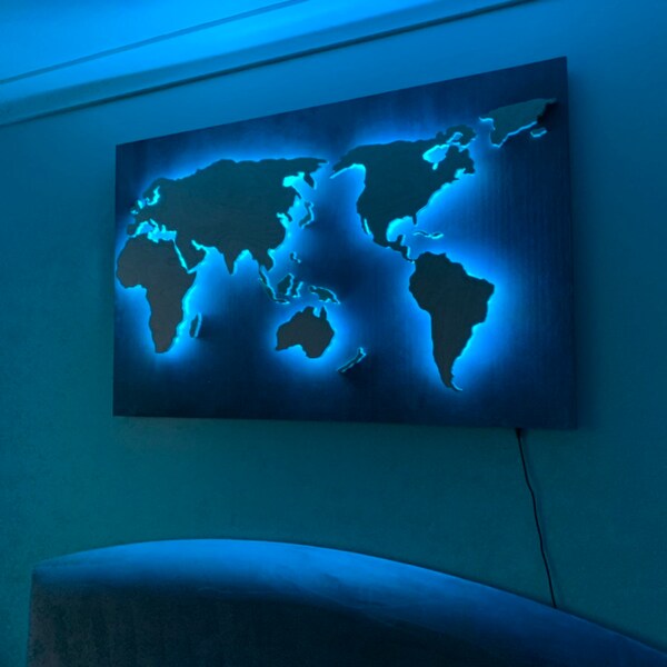 Wooden World Map for Home Decor, Glowing RGB Map With Ambient Night ...