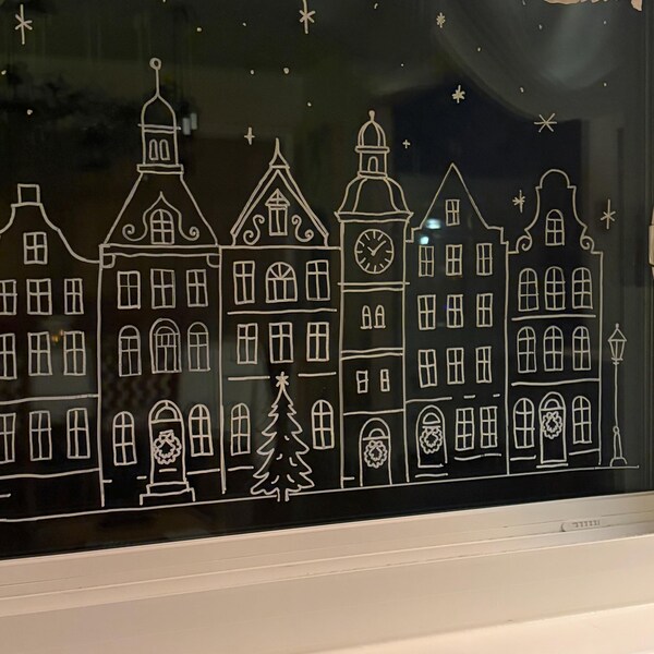 Christmas Village Scene Window Art Template – Santa Sleigh & Houses ...