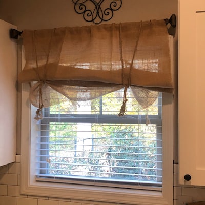 Straight Look Natural Burlap Valance With Crochet Jute Trim and Wooden ...