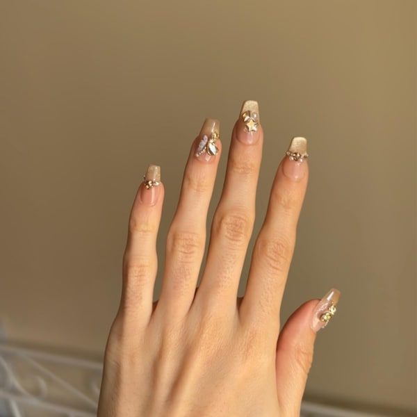 Handmade Light Gold Emerald Green Glass Bead Cat Eye Press on Nails Cat ...