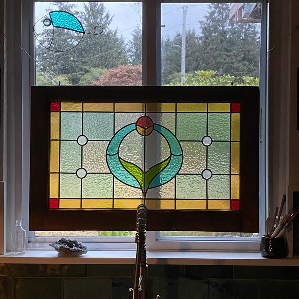 Leaded Stained Glass Panel Transom in Rustic Window Frame With Diaper ...