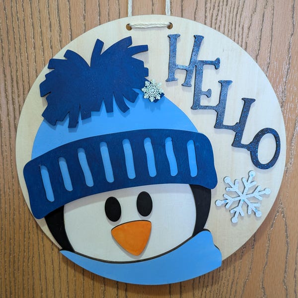 Hello Winter Penguin Sign, DIGITAL Download, Round Door Hanger Svg ...