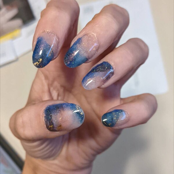 Midnight Marble Nail Wraps With Gold Flake Accents • Blue Watercolor ...