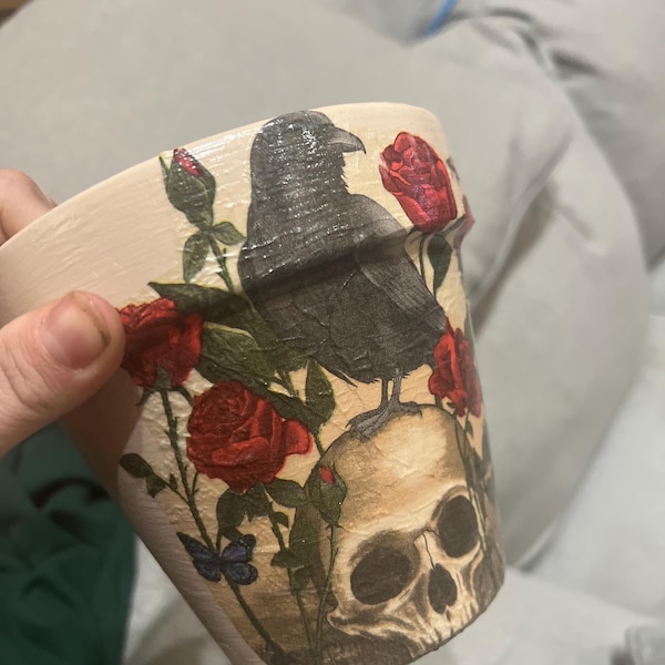 Decoupage Skull Plant Pot: Crow and Roses, Halloween Decor - Etsy