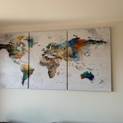 Hanging World Map Canvas, Rustic Frame Home Decor, Earth Colors World ...