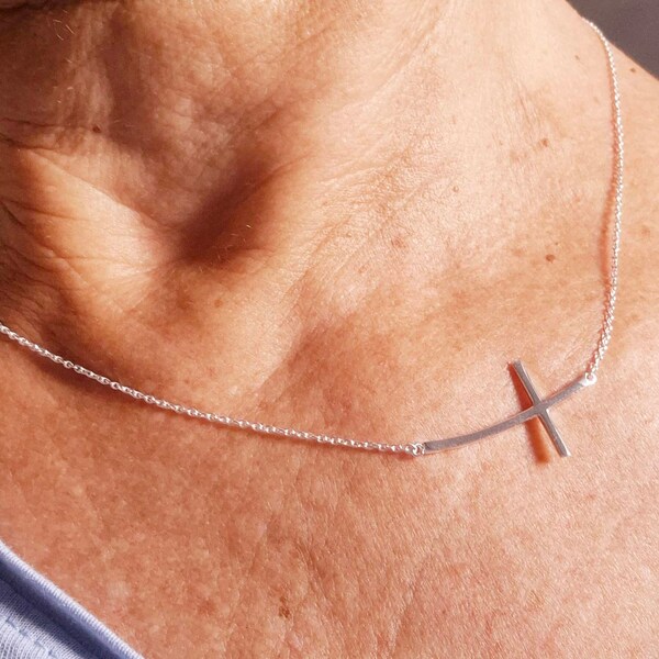 Cross Necklace, Curved Cross Necklace, Sterling Silver Curved Cross ...