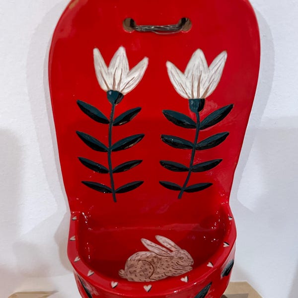 Blue Ceramic Shelf With White Flower / Handmade Blue Sgraffito Ceramic ...