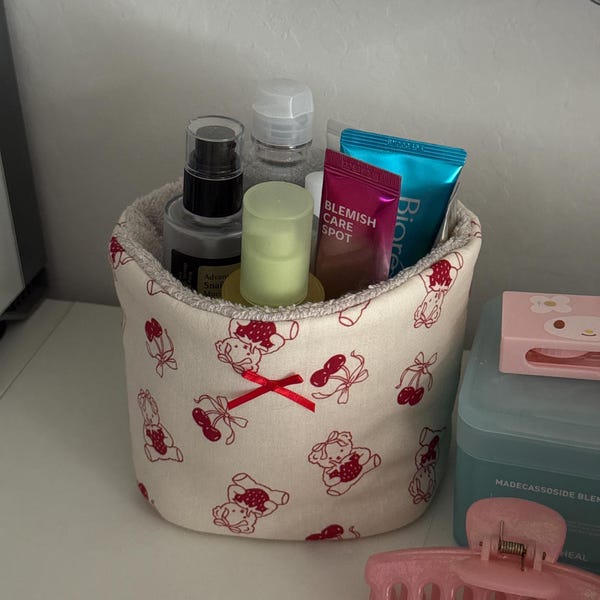 Teddy Bow Cherry Strawberry Fabric Towel Makeup Organiser Storage ...