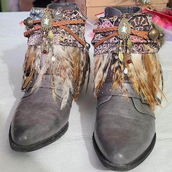 Boho Boot Covers With Beige Feather Fringe and Satin Scarf | Western ...