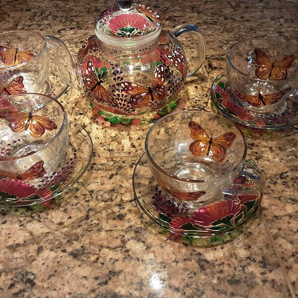 Butterflies Tea Set Hand Painted Teapot With Cups and Saucers ...