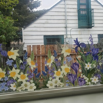 Botanical Springtime Flower Window Cling Decal. Crocuses, Ferns ...