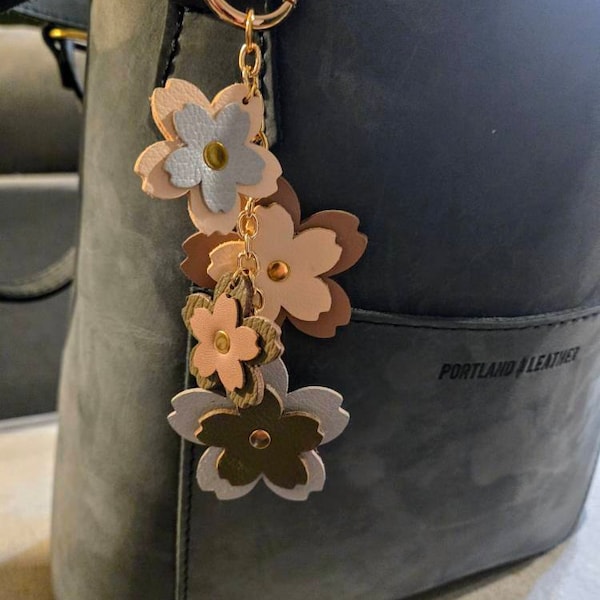 Handmade Leather Flower Bag Charm, Pink Floral Purse Charm, Layered ...