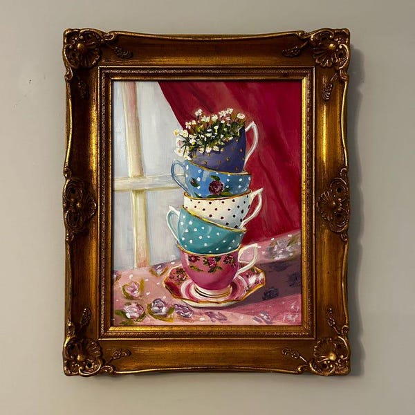 Miniature Original Oil Painting Still Life Fine Art Teacup Flowers ...