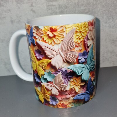 3D Colorful Butterfly and Flowers Mug Wrap, 11oz 15oz Mug Design, 3D ...