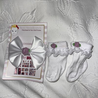 Red Satin Headbands With Matching Sock Red Flower Embroidery Nylon ...