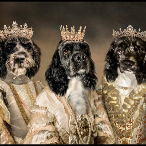 Custom 3 Pets Portrait, Royal Dog Portrait, Custom Painted Multiple ...
