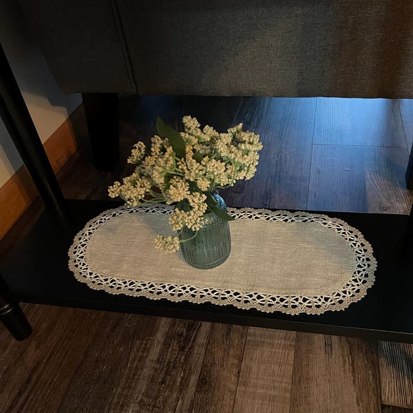 Extra Long Beige Linen Table Runner With Lace Border Rectangle Dresser ...