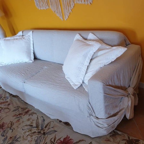 Linen Sofa Cover, Loose Couch Slipcover, Custom Sofa Slipcover ...