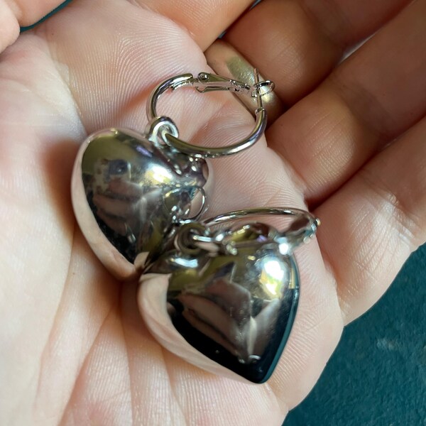 Gold or Silver Plated Large Puff Heart Hoop Earrings Dangle Charm 3D ...