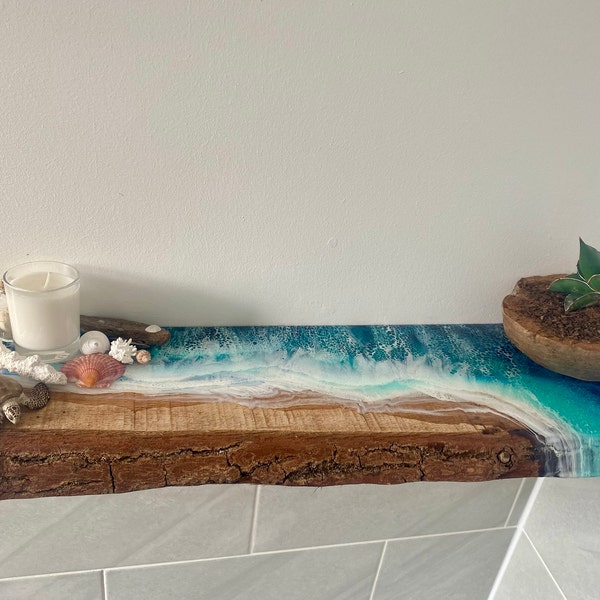 Corner Oak Floating Shelf With Sea Wave Resin Decor 30 Cm Deep, Oak ...