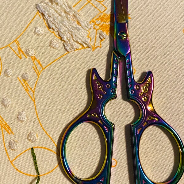 Iridescent Guitar Embroidery Scissors- Extra Sharp Fine Tip | Small Silver or Rainbow Cross ...