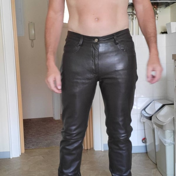 Color "offwhite" Leather Skinny Skintight Leather Jeans, Pant ...