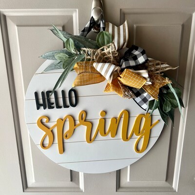 Hello Spring Wood Door Hanger Front Door Decor Spring Door Hanger ...