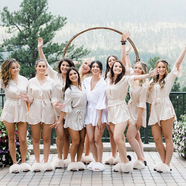 Bridesmaid Robe in Black, Bridesmaid Satin Romper With Ruffle Trim ...