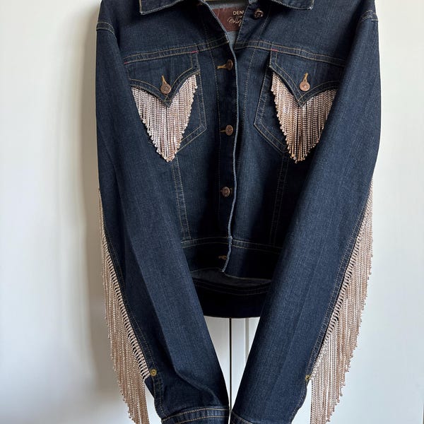 Custom Rhinestone Fringe Denim Jacket - Etsy