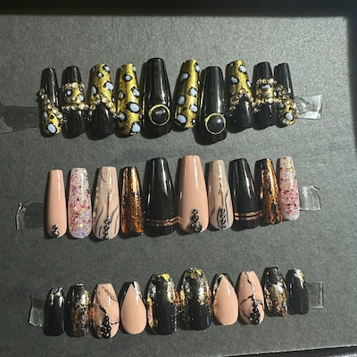 Red Flames Fake Nails Glossy Red Black Press on Nails Coffin Glue on ...