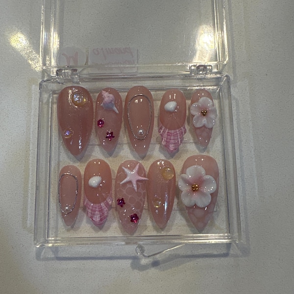 Pink Mermaid Press on Nails, Seashell 3D Gel Nails With Flowers ...