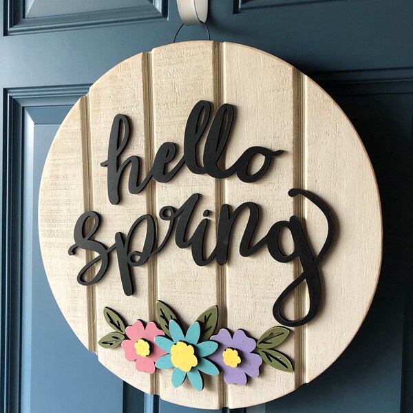 Hello Spring Door Hanger With Flowers, Shiplap Sign, Front Door Sign ...