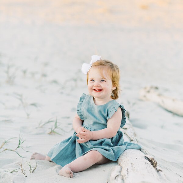 Linen Ruffled Hem Dress for Girls Flower Girl Dress Color Powder ...