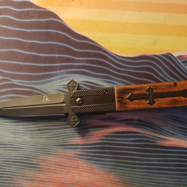 9” Black Cross Cute Knife Spring Assisted Open Blade Folding Pocket ...