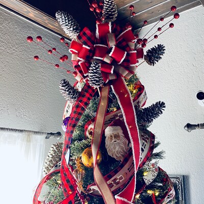 Black and White Christmas Tree Topper Bow Buffalo Plaid 36 Streamers ...