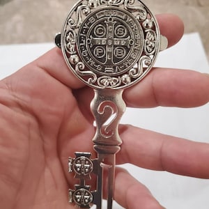 Large Sculpted Oxidized Silver Tone St Benedict Key Religious Medal ...