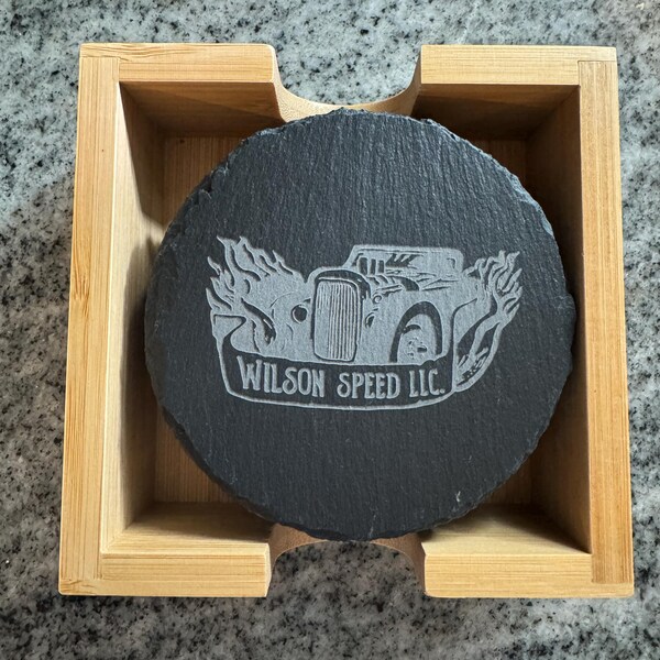 Set of 4 Custom Logo Slate Coasters With Bamboo Coaster Holder ...