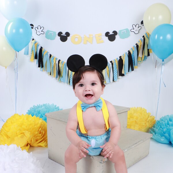 Baby Mickey Mouse Fabric Banner, Blue, Yellow, Highchair, Cake Smash ...