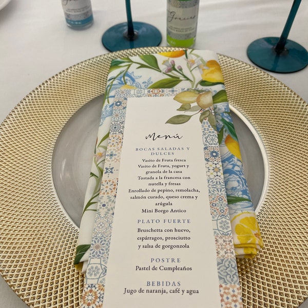 Lemon and Blue Tile Wedding Menu Template Italy Blue Tile Table Menu ...