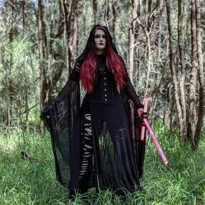 Black Navy Blue Pentagram Satanic Gothic Wedding Dress Bell Sleeves to ...