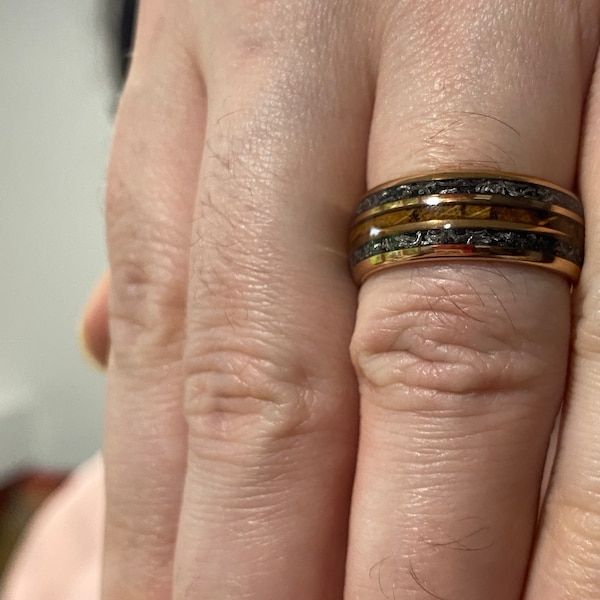 Mens Wedding Ring, Meteorite & Charred Whiskey Barrel Rose Gold ...