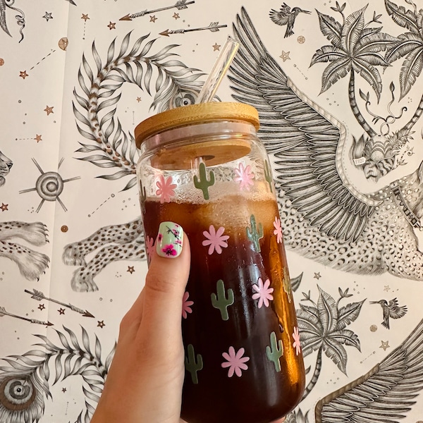 Cute Mini Cactus Iced Coffee Glass Cup With Lid and Straw, Trendy ...