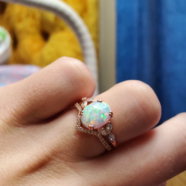 Opal Wedding Ring Set Opal Ring White Fire Opal Floral Engagment Ring ...