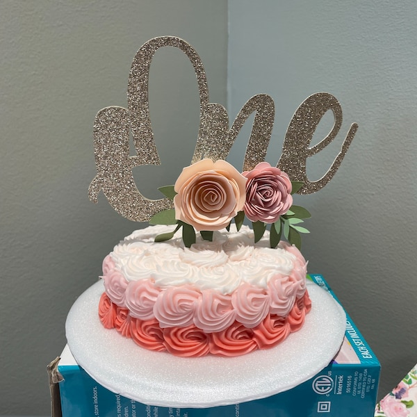 One Cake Topper, One Year Old Cake Topper, Floral Cake Topper, Glitter ...